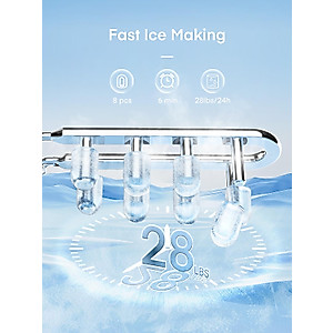 FOHERE Countertop Ice Maker with Handle, Portable Ice Machine Self-Cleaning, 28 lbs in 24Hrs, 2 Sizes of Bullet Ice, Ice Ready in 6 Mins, with Ice Scoop & Basket, for Home/Kitchen/Camping/RV