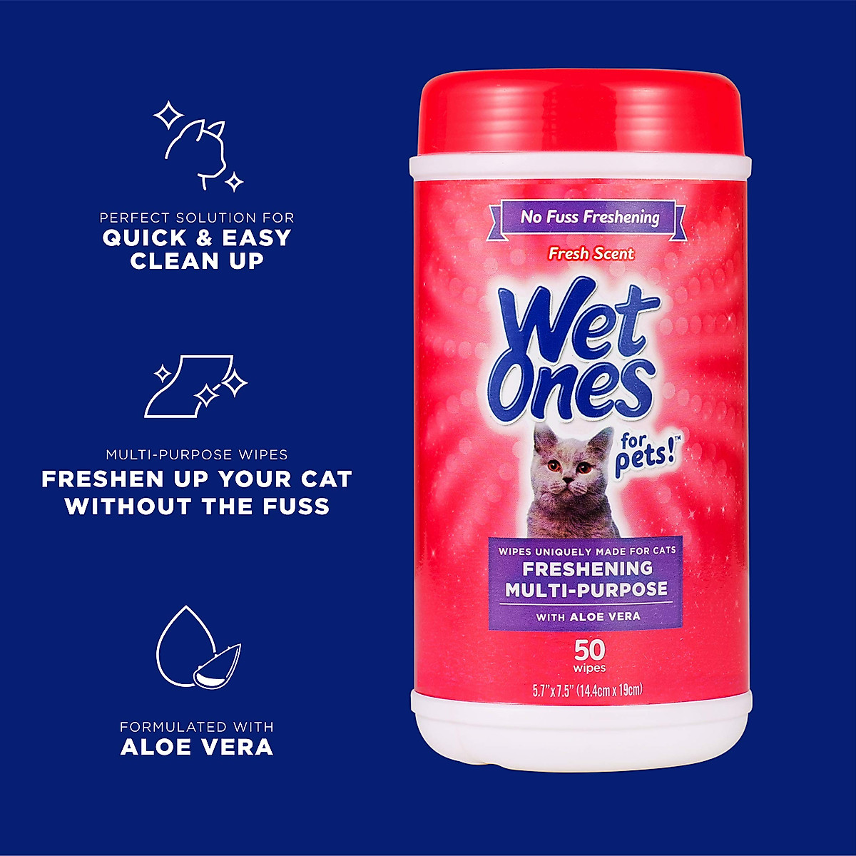 Wet Ones for Pets Freshening Multipurpose Wipes for Cats with Aloe Vera, 50 Count- 3 Pack | Easy to Use Cat Cleaning Wipes, Freshening Cat Grooming Wipes for Pet Grooming in Fresh Scent (FF12853PCS3)