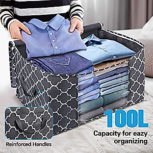 UMEIJA Large Clothes Storage Bags 100L Clothing Storage Organizer Foldable Storage Containers for Comforter Blanket Bedding with Durable Handle, Clear Window, Sturdy Zippers (3 Pack)