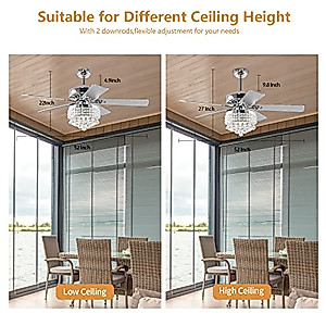 Tropwellhouse LuxureFan 52" Crystal LED Chrome Ceiling Fan Light Fixture Gorgeous Crystal 5 Reverse Wood Blades Modern Chandelier with Remote Control Decoration Home/Living Room