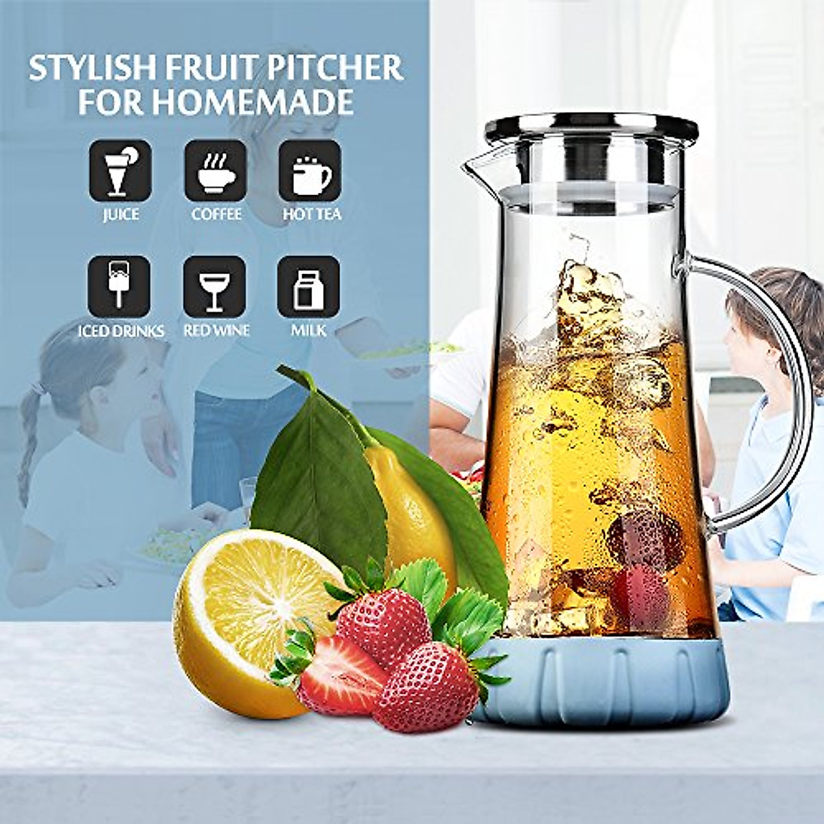 BOQO Glass Water Pitcher,50 Oz Carafe with Lid,Glass Water Jug with Particular Coaster and Brush,Glass Water Jar