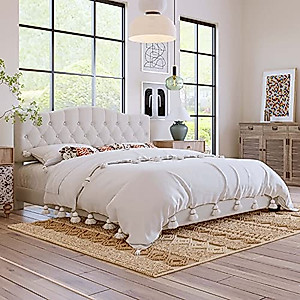 King Size Linen Upholstered Platform Bed Frame with Tufted Headboard for Boys Girls Teens Adults, Noise Free, No Box Spring Needed, Under Bed Storage (King)