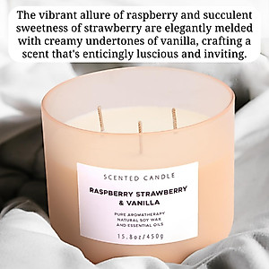 Raspberry Strawberry Vanilla Scented Candles for Home | Natural 3 Wick Soy Candle | Calming Aromatherapy Candle Gift for Women and Men | 15.8 Oz Large Relaxing Candle Highly Scented