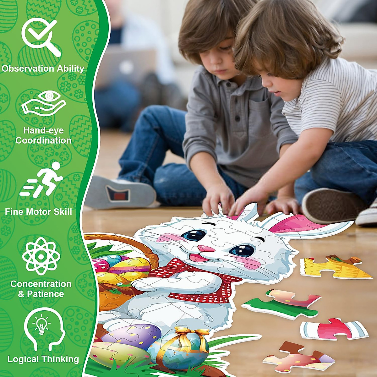 Easter Basket Stuffers for Toddlers Kids, 45PCS Bunny Floor Puzzle for Kids Age 4-8 Large Jigsaw Puzzles Easter Gifts for Boys Girls Egg Hunt