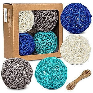DomeStar 4 Inches Blue Cerulean White and Grey Wicker Rattan Balls Orbs and 6PCS 2.4 Inches Mosaic Glass Orbs