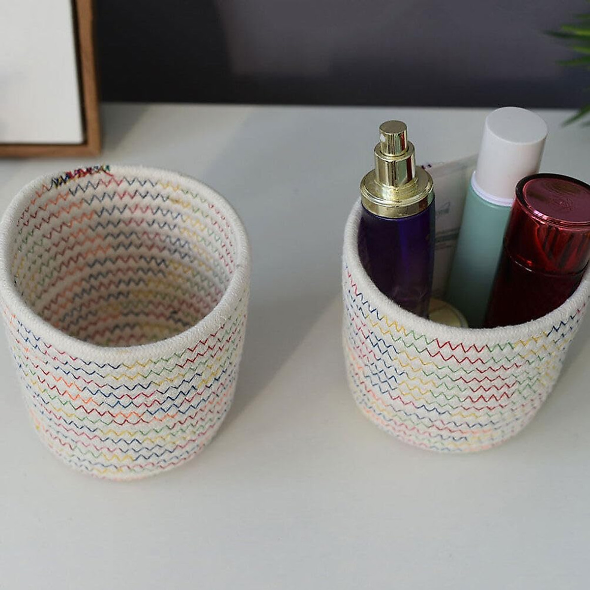 Alipis desktop storage basket toy storage bins with lids woven rope storage baskets Small Desktop Storage baskets with lids woven key baskets white Woven Basket child cotton rope Rattan