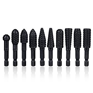 Mesee 10 Pieces Rotary Burr Rasp Set, 1/4 Inch Hex Shank Quick Change Wood Carving Drill Bits Carbon Steel File Rasp DIY Woodworking Tool for Wood Plastic Engraving Polishing Grinding