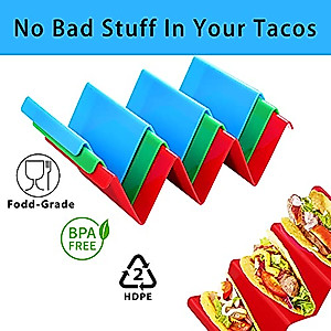 Vethwal 3 Pack Colorful Taco Holders, Taco Holder Stand with Handle Can Hold 2 or 3 Tacos Each, Sturdy, BPA Free Healthy PP Material Dishwasher & Microwave Safe