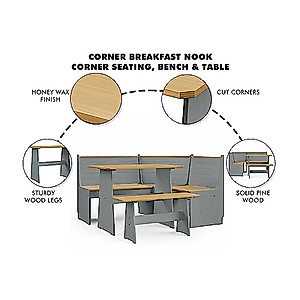 Urban Home Furniture Chapman 2 Tone Natural/Grey Solid Wood Corner Dining Set, Reversible Breakfast Nook