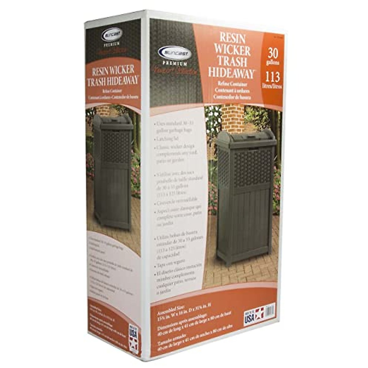 Suncast 73 Gallon Deck Box & Wicker Trash Hideaway Outdoor Garbage Bin, Java