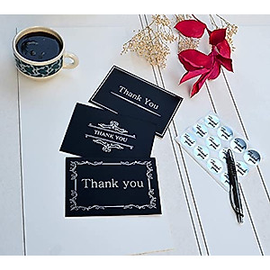 120 Elegant Thank You Cards in Black with Matching Black Envelopes and Sealing Stickers - Thick Quality Cardstock 6 Designs Bulk Notes Embossed with Silver Foil Letters, 4x6 Inches Folded