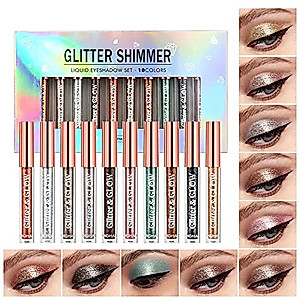 BestLand 10 Colors Liquid Glitter Eyeshadow Set, Metallic Glitter Shimmer Naked Smokey Eye Looks Waterproof Long Lasting Quick-Drying Sparkling Eye Shadow Christmas Makeup Kits