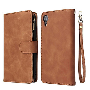 UEEBAI Wallet Case for iPhone XR, Premium Vintage PU Leather Magnetic Closure Handbag Zipper Pocket Cover Kickstand Card Holder Slots with Wrist Strap TPU Shockproof Flip Case for iPhone XR - Brown