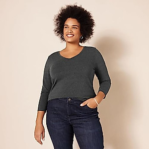 Amazon Essentials Women's Classic-Fit 3/4 Sleeve V-Neck T-Shirt (Available in Plus Size), Charcoal Heather, Medium