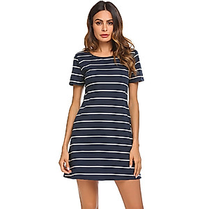 Feager Women's Casual Striped Criss Cross Short Sleeve T Shirt Mini Dress with Pockets Blue L