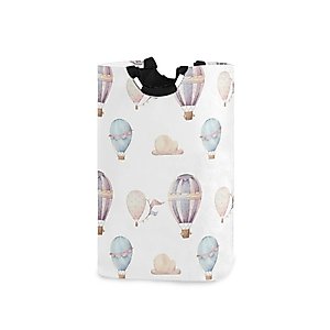 WELLDAY Laundry Hamper with Handle Watercolor Hot Air Balloon Laundry Baskets Foldable Dirty Clothes Basket Large Storage Laundry Organizer