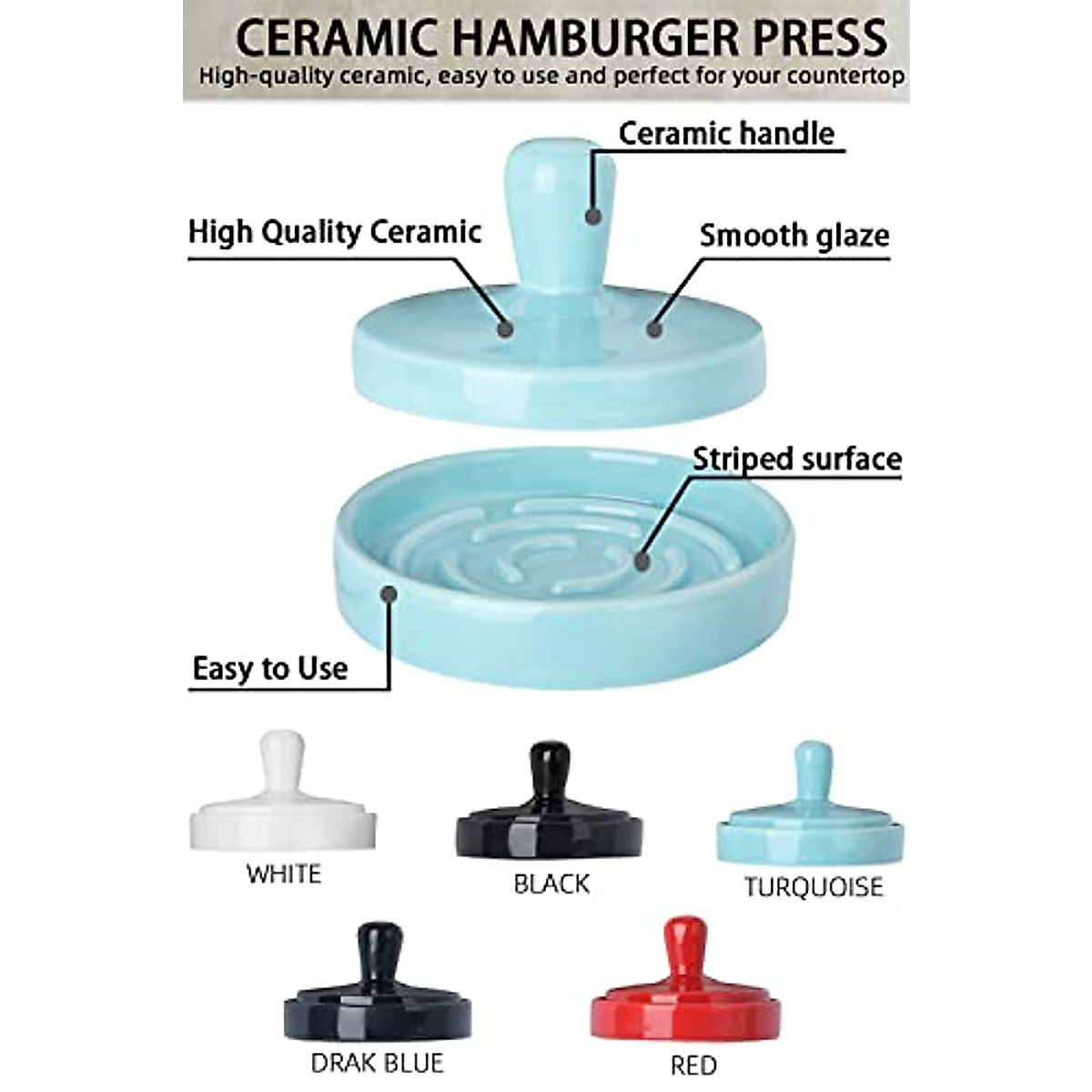 QUXIJA Burger Press 5" Ceramic Hamburger Press Patty Maker, Round Burger Smasher for BBQ, Grill Presses Burger Mold Ring, Griddle Accessories, Turquoise
