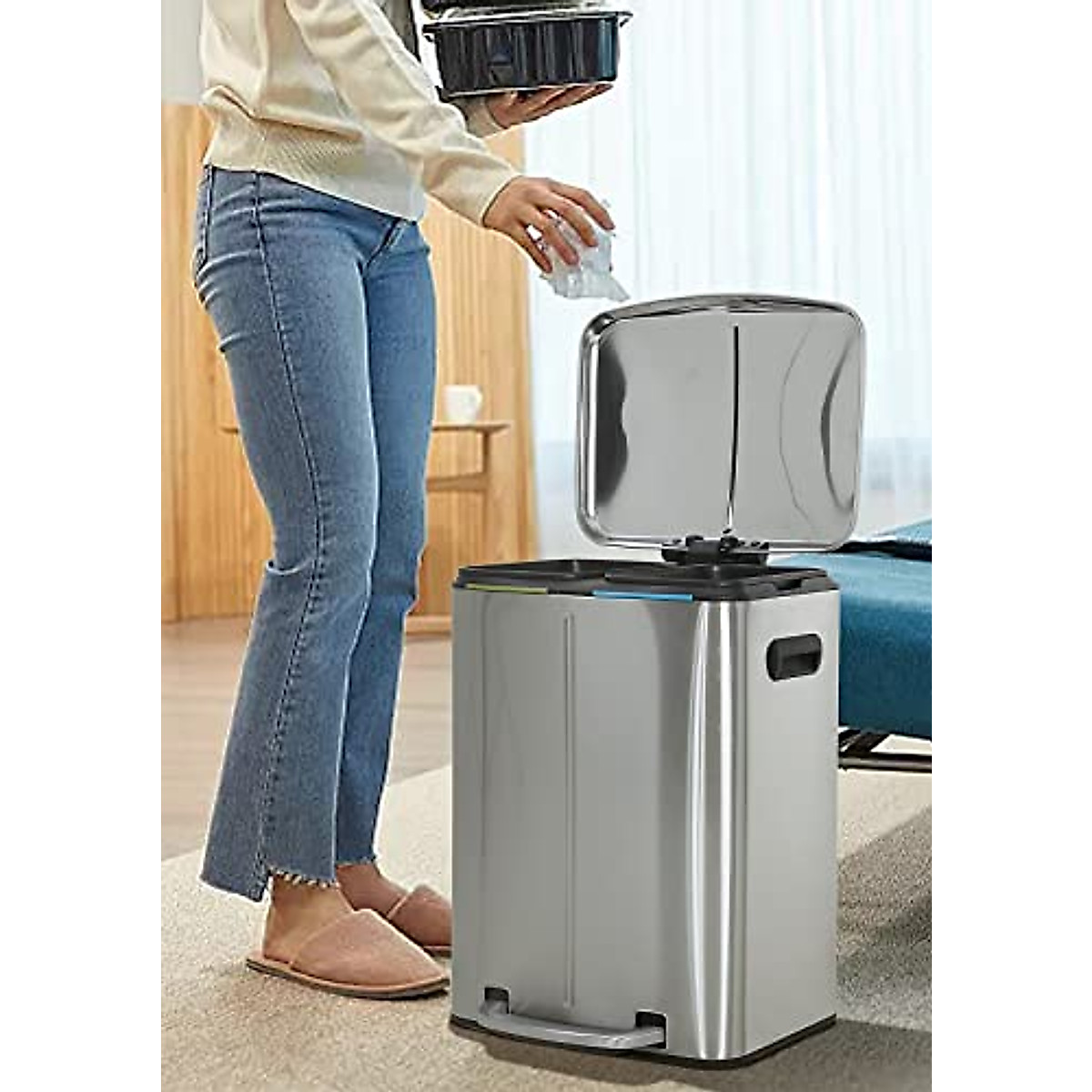 BIQWBIC 10 Gallon Dual Trash Can for Recycling and Trash, Stainless Steel Recycle Trash Can with 2 x 5 Gallon (40 L) Removable Inner Buckets, Pedal Recycling Bin for Kitchen, Soft Closure