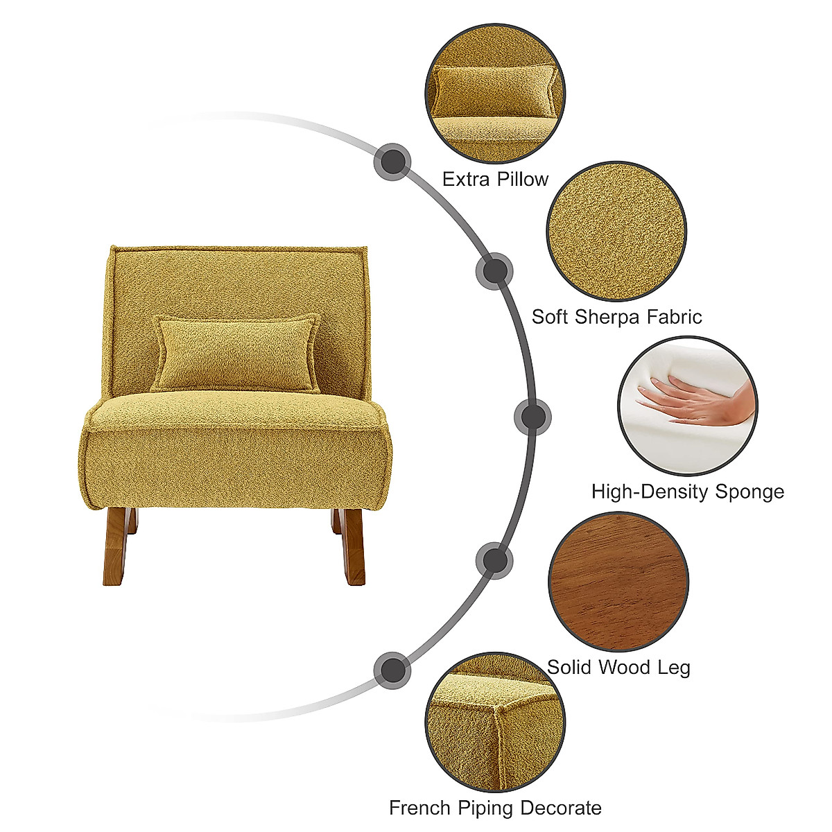 Art Leon Modern Modular Sofa Sherpa Fabric Single Sofa with Pillow, Accent Armless Chair with Wooden Legs for Living Room Bedroom, Yellow