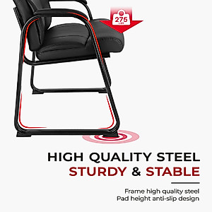 CLATINA Classic Leather Soft Reception Chair with Padded Armrests and Sled Base, Executive Guest Chair for Office Computer Desk Conference Waiting Meeting Room, Black (2 Pack)