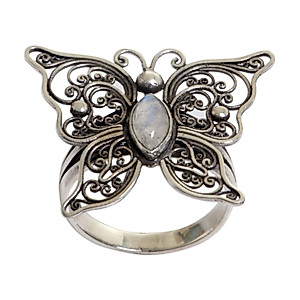 NOVICA Artisan Handmade Rainbow Moonstone Cocktail Ring Butterfly from Indonesia Sterling Silver Clear Animal Themed [ring Front 0.9 in L x 1.1 in W x 0.2 in H Band Width 3 mm W] ' Open Wings'