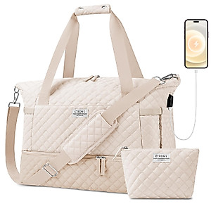 ETRONIK Travel Bag for Women, Gym Duffel Bag with USB Charging Port, Weekender Overnight Bag with Wet Pocket and Shoes Compartment for Women Travel Gym Daily Use (Khaki/White)