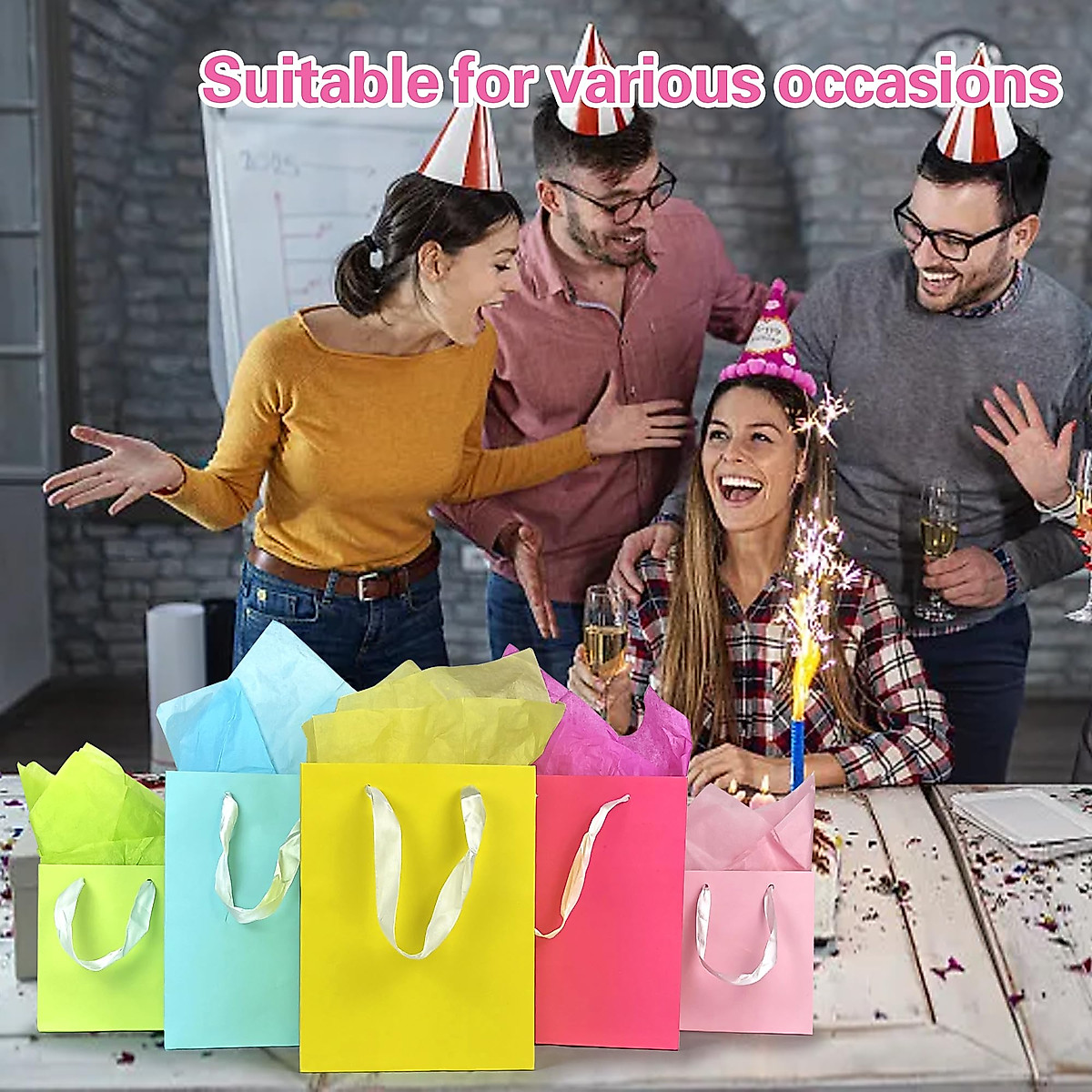 MUMULULU 6 Pack Gift Bags Assorted Sizes Colorful Paper Gift Wrap Bags with Handle and Tissue Paper for Birthday Party Baby Shower Wedding Holiday Presents (3 Small 6", 3 Medium 9")