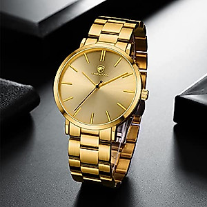 GOLDEN HOUR Men's Watches Slim Minimalist Runway Gold Plated Stainless Steel Quartz Analog Watch with Black Hands