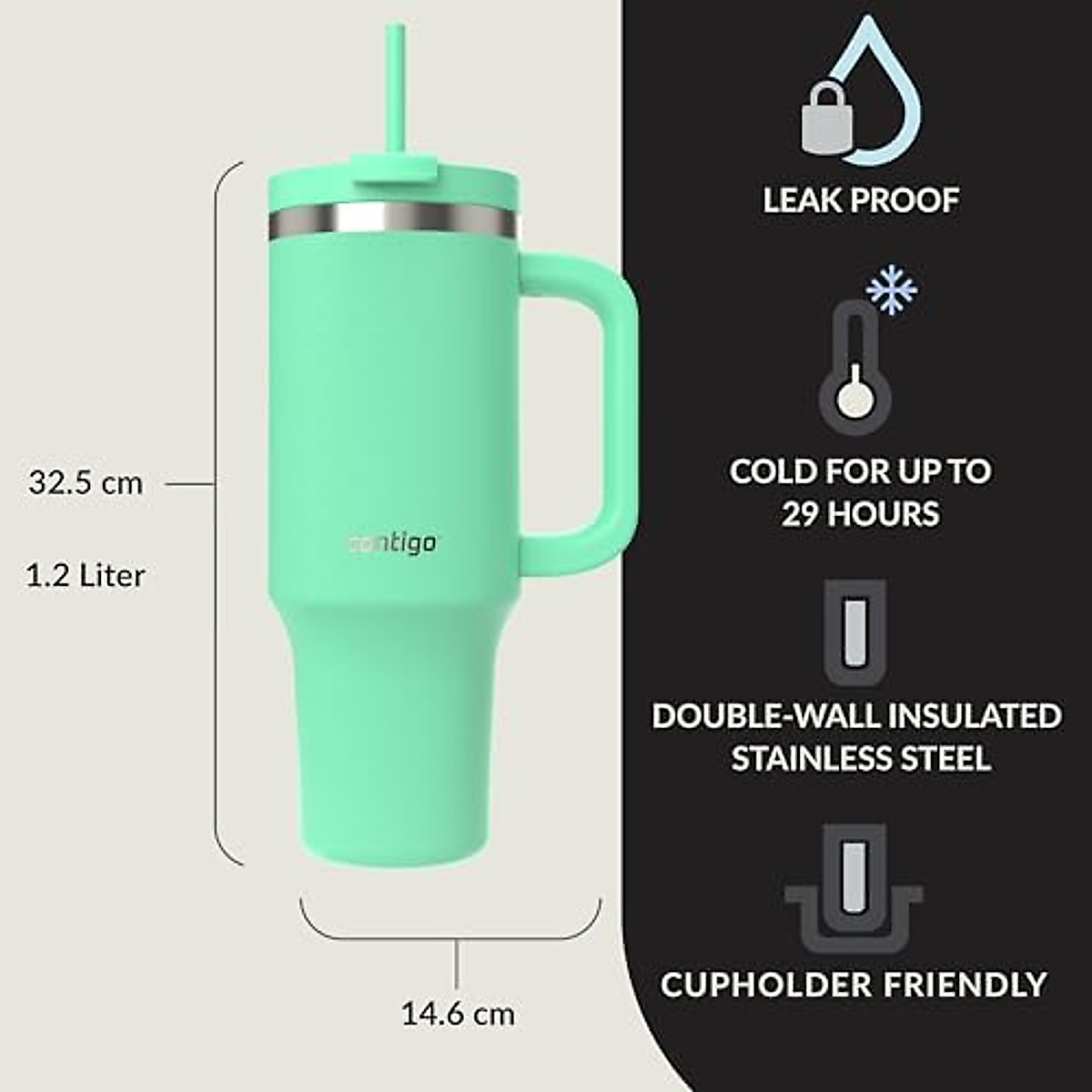 Contigo Tumbler 1200 ml with Handle | Stainless Steel Vacuum Insulated Water Bottle with Straw and Lid | Cold for 29 Hours | Travel Mug | Thermal Flask | BPA Free | Reef