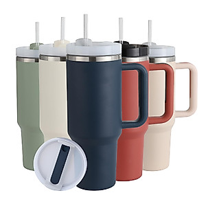 PIMDIR 40oz Tumbler With Handle Straw Lid, Stainless Steel Vacuum Insulated Cup Keep Hot Cold Travel Mug for Water Coffee Iced, Christmas Gifts For Women Men, Car Cup Holder Friendly, Navy Blue