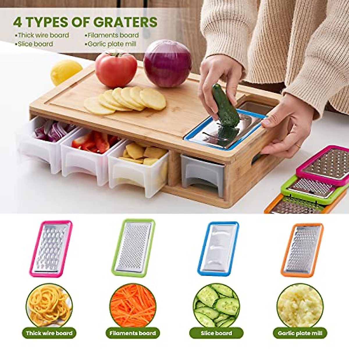 COMELLOW Bamboo Cutting Board with Containers, Lids, and Graters, Large Wood Chopping Board with Containers, Food Dropping Zone, Carving Board with Easy-grip Handle, Juice Groove
