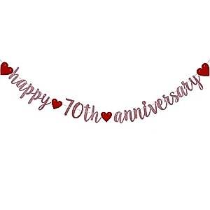 Happy 70th Anniversary Banner, Pre-Strung,Rose Gold Glitter Paper Garlands for 70th Wedding Anniversary Party Decorations Supplies, No Assembly Required,Rose Gold，SUNbetterland