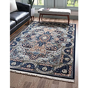 Unique Loom Narenj Collection Classic Traditional Medallion Textured Design Area Rug, 5 x 8 ft, Navy Blue/Tan