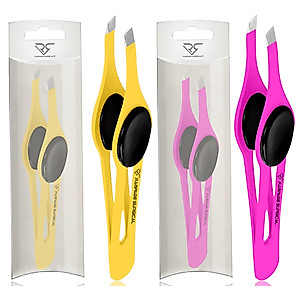 Professional Eyebrow Tweezers Slanted Tip Stainless Steel 2,3xPcs Set, Non-Slip Grip Slant Tip Tweezers for Facial Hair, Plucking Removing Ingrown Hairs, Tweezer for Women Men (Yellow&Pink)