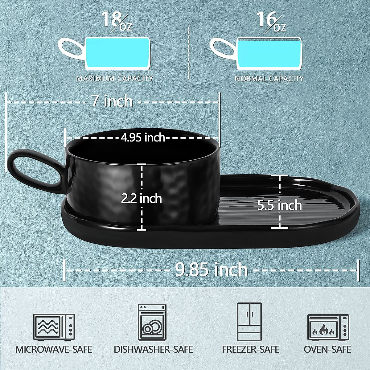 Wareland Soup Bowl with Handle & Salad Plate, Soup and Sandwich Plate Combo, 18oz Soup Mug/Cup for Cereal, Ceramic Pasta Plate for Appetizer, Dessert, Rice, Dishwasher & Microwave Safe, Bright Black