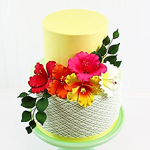 Global Sugar Art Hibiscus Sugar Cake Flowers, Assorted Colors, 5 Count and Leaf Sprays by Chef Alan Tetreault