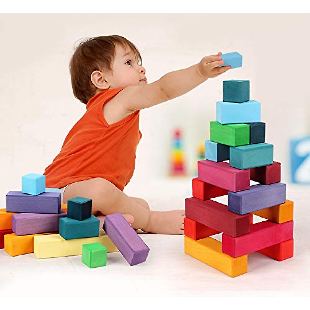 moderngenic 'Pyramid' Rainbow X-Large 100 Piece Blocks, Wooden Toys for Kids, Geometric Stacking Educational Building Blocks