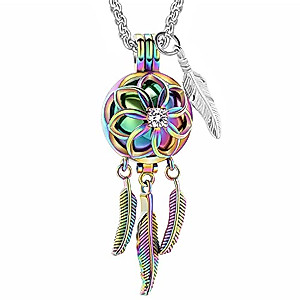 Cremation Jewelry Dream Catcher Urn Necklace for Ashes for Women Men Feather with Angel Wing Keepsake Memories Hollow Urn Pendant for Human Pet Ashes(Colorful)
