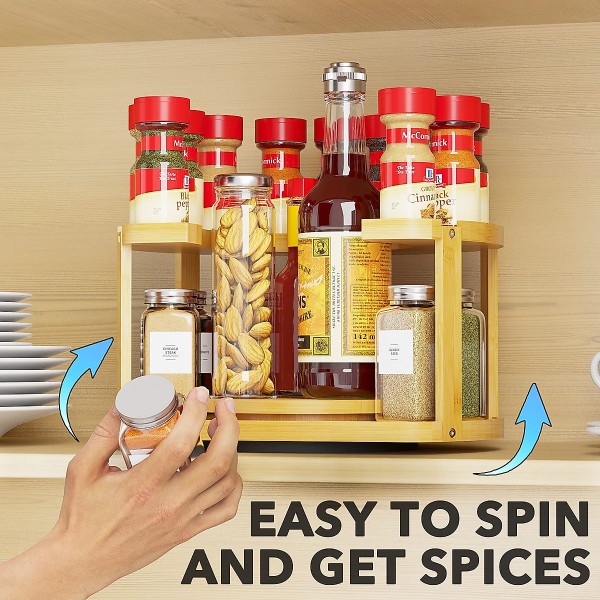 SpaceAid 2 Tier Bamboo Spice Rack Organizer, Lazy Susan Turntable for Cabinet, Home Kitchen Spices Spinning Rotating Shelf Racks for Pantry Seasoning Bottle Holder Storage (Two Tier, Natural)