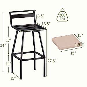 Lovinouse 27" Height Low Back Swivel Bar Stools with Cushion Set of 2, Outdoor Patio Wrought Iron Chair Set, Outside Metal Bar Chair, Height Barstool for Bistro Lawn, Garden, Backyard, Indoor
