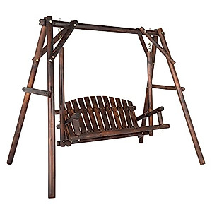 Outvita Patio Porch Swing Set, 67in Wood Log Swing Stand with Bench Loveseat Stable A-Frame for Patio Backyard Deck (Carbonized)