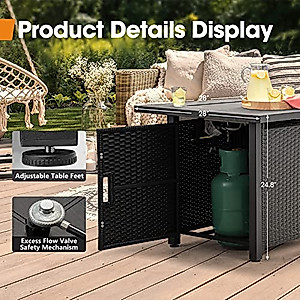 28 Inch Outdoor Fire Pit Table , 50,000 BTU Wicker Patio Fire Pit Table,Faux Wood Tabletopt, Outside Garden Backyard Deck Patio by HANLIKO-Black