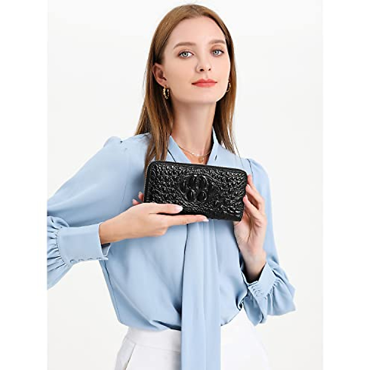 Women Leather Wallet RFID Designer crocodile Large Capacity Credit Cards Holder Organizer Phone Clutch (Black)