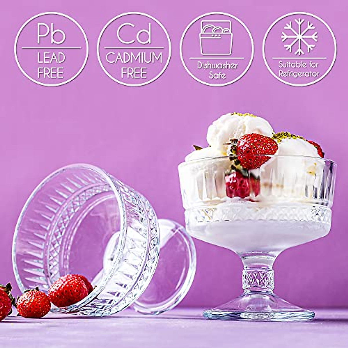 Crystalia Glass Ice Cream Bowls, Crystal Dessert Cups Set of 2, Clear Pedestal Bowls, Small Glass Bowls for Parfait, Trifle, Sundae and Cereal, Footed Desert Cups, Lead-Free Custard Cups