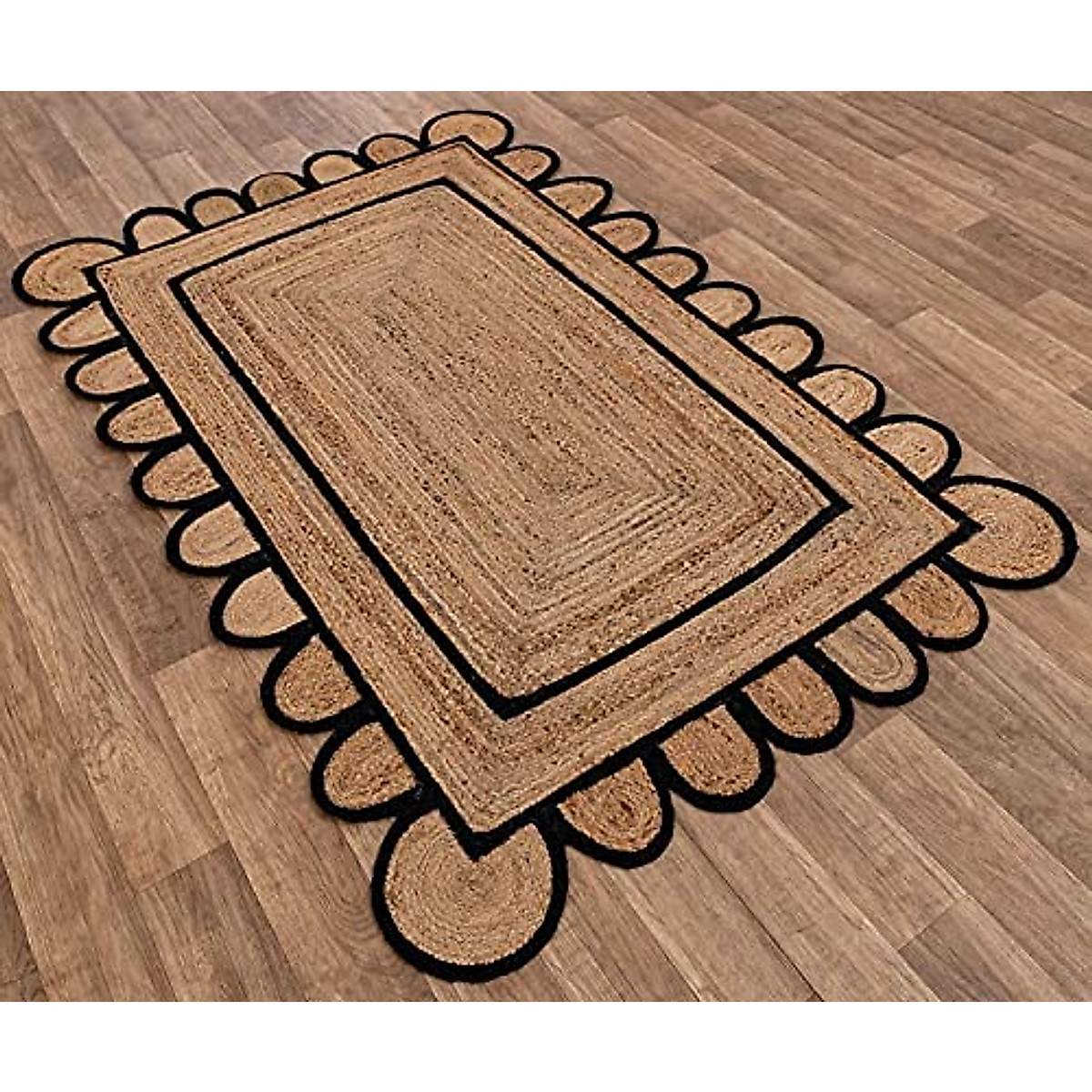 ROYAL ARTS & CRAFTS 2x3,3x5,4x6,5x7,6x9,8x10,9x12 Black Color Scalloped Design Jute Rug Kitchen Rug/Patio Rug/Hallway Rug/Entryway Rug/Outdoor Rug (4x6 Ft Area Rug)