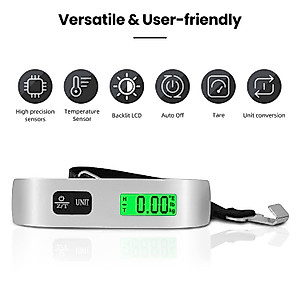 BAGAIL Digital Luggage Scale,110lbs Hanging Baggage Scale with Backlit LCD Display,Portable Suitcase Weighing Scale,Travel Luggage Weight Scale with Hook,Strong Straps for Travelers.(Silver with Temp）