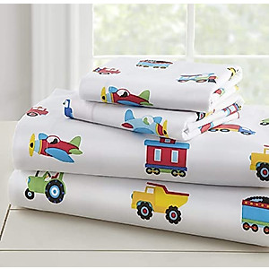 Wildkin Cotton Fitted Crib Sheet Bundle with Plush Throw Blanket (Trains, Planes & Trucks)