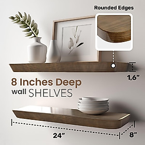 YANEVA Real Wood Floating Shelves for Wall 24 inch (Set of 2) - Natural Solid Wood Floating Shelves -Wooden Floating Shelves for Wall Mounted, Kitchen, Livingroom and Bathroom - 8 Inch Deep Shelf