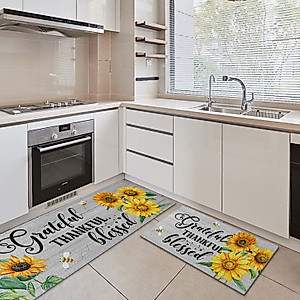 PRUKIVRA Kitchen Rugs and Mats,Non Skid Washable,Sunflower on Light Wood,Set of 2,Anti-Fatigue Comfort Standing Mat for Floor, Office, Sink, Laundry(17"x52"+17"x26")