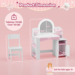 MU Kids Vanity with Lights, Princess Makeup Vanity Desk with Open Bookshelf, Storage Cabinet & Shelves, 2 in 1 Toddler Vanity Table & Chair Set with Lighted Mirror for Little Girls, White